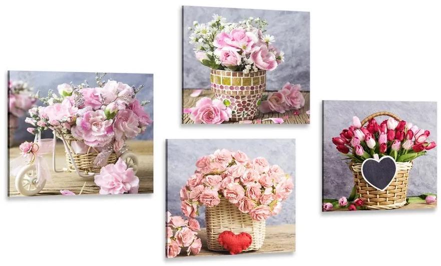 Set obrazů kytice květin ve vintage provedení - 4x 40x40 cm