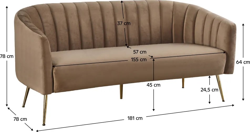 Designový 3-sed, hnědá Velvet látka/gold chrom-zlatý, BAGY