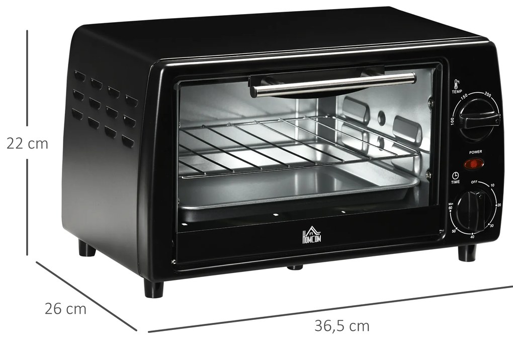 HOMCOM Mini trouba 10L 750W do 230°C s časovačem 60 min malá elektrická trouba včetně plechu a roštu 36,5x26x22 cm černá | Aosom.de