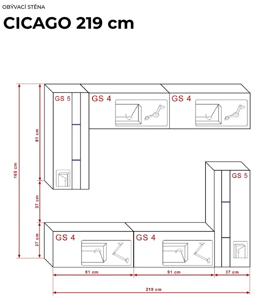 Ral Obývací stěna CHICAGO 5, 219 cm - Bílý lesk