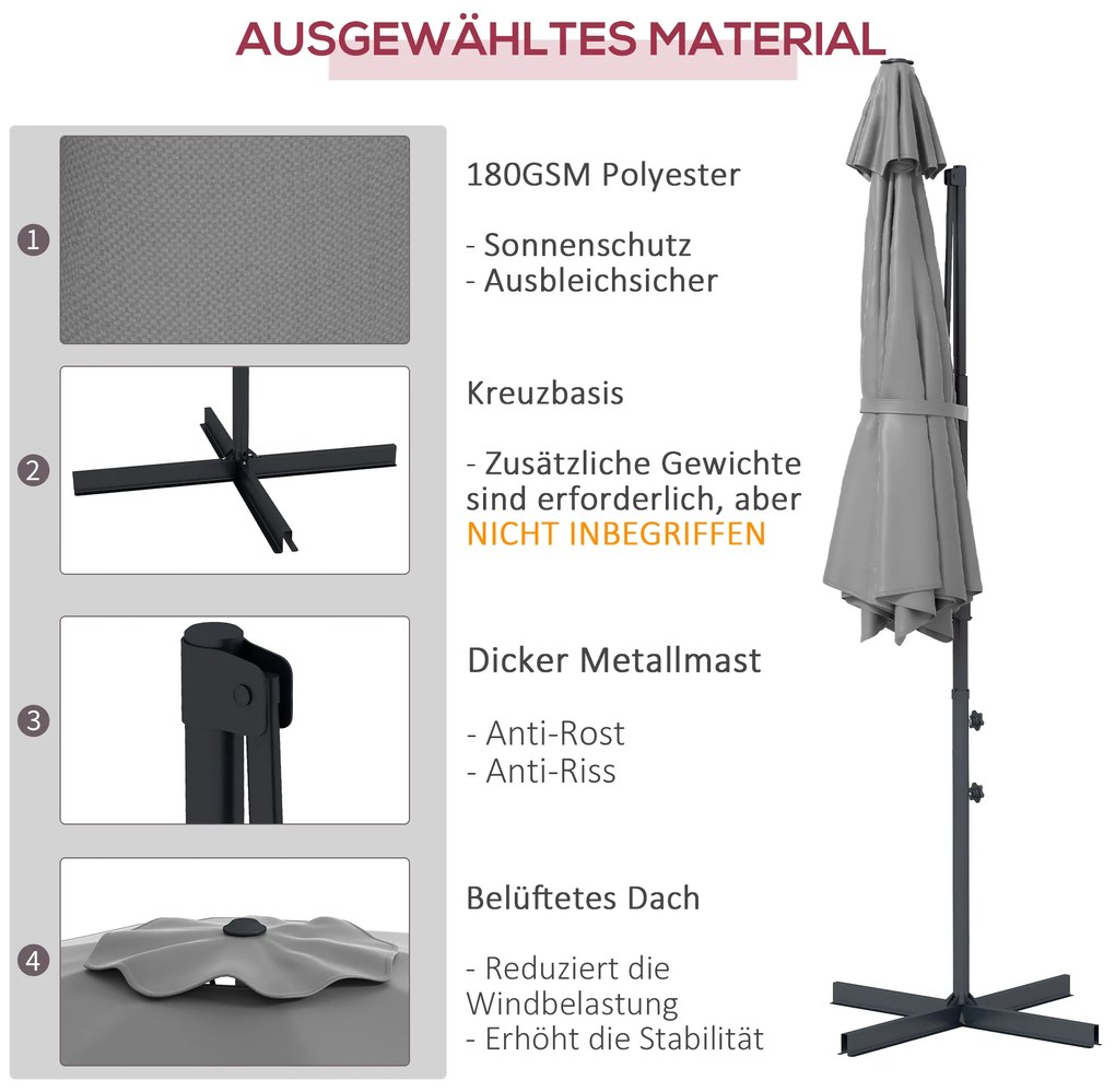 Outsunny konzolový slunečník Ø3 m s kličkou, sklápěcí zahradní slunečník, otočný zahradní slunečník na balkon a terasu, kov, tmavě šedý | Aosom.de