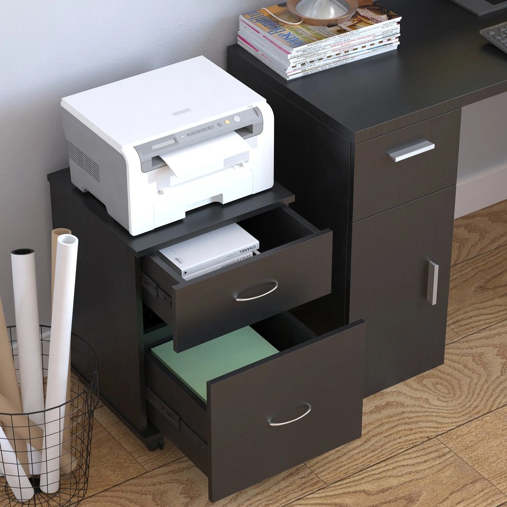 HOMCOM Dřevěný mobilní archivar s kolečky a 2 šuplíky, kancelářský a domácí filing kabinet 41x39x58cm Černý