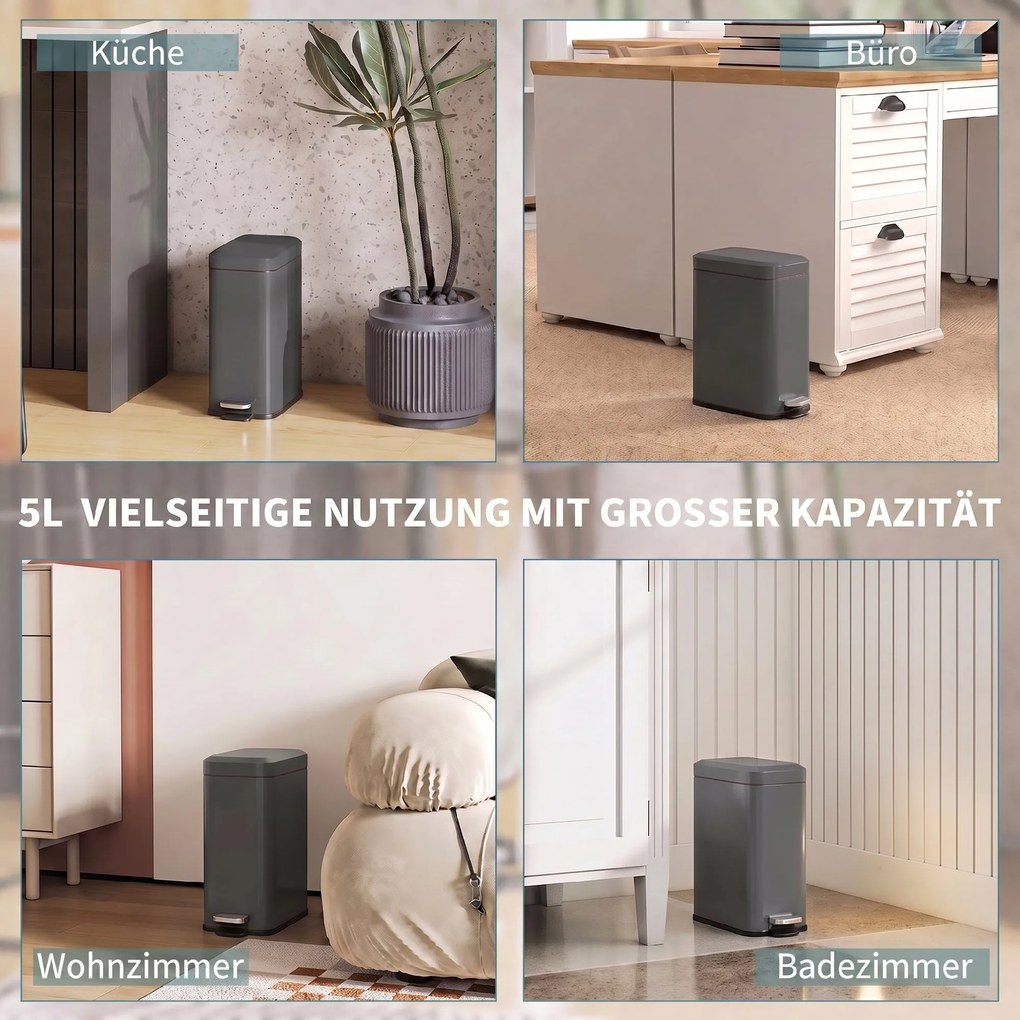 HOMCOM Koš na odpadky 5L s tichým zavíráním a pedálem, koš včetně vnitřního kontejneru, kosmetický koš pro obývací pokoj, kancelář, kov, šedá, 29,2 x…