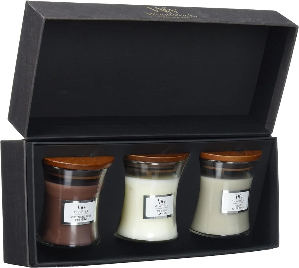 Dárková sada: Woody set 3x malá vonná svíčka s dřeveným knotem WoodWick 3x 85 g