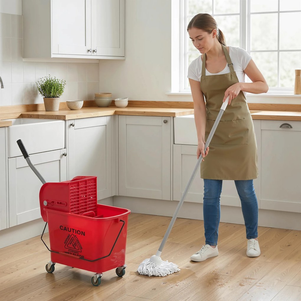 HOMCOM kyblík na vytírání s ždímacím zařízením, přepážkou na oddělení vody a kolečky, objem 20 l pro domácí úklid, 45x26,5x70 cm, červený