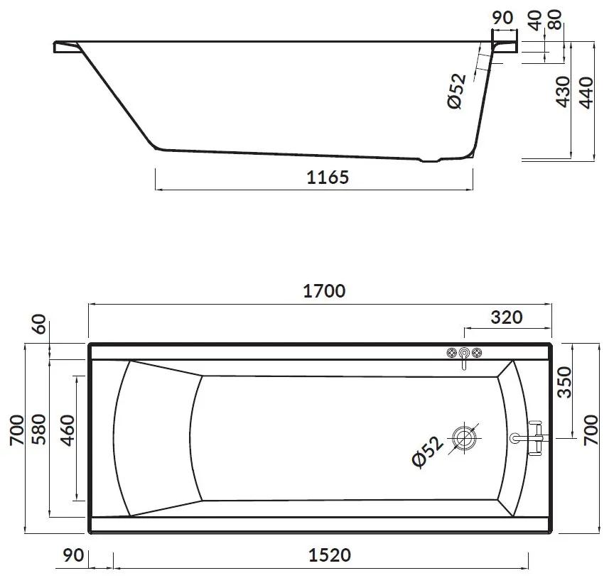 Cersanit Korat akrylátová vana 170x70cm + nožičky, bílá, S301-122