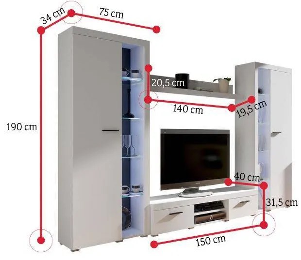 Expedo Obývací stěna KLOK XL, 300x190x34, bílá/beton