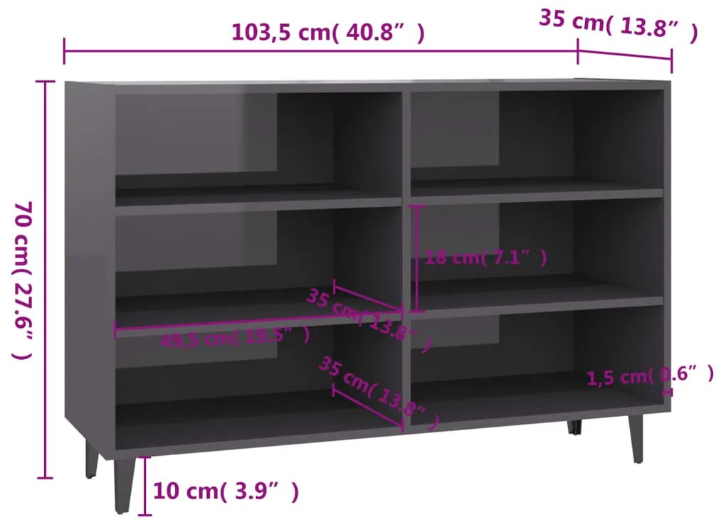 vidaXL Příborník šedý s vysokým leskem 103,5 x 35 x 70 cm dřevotříska