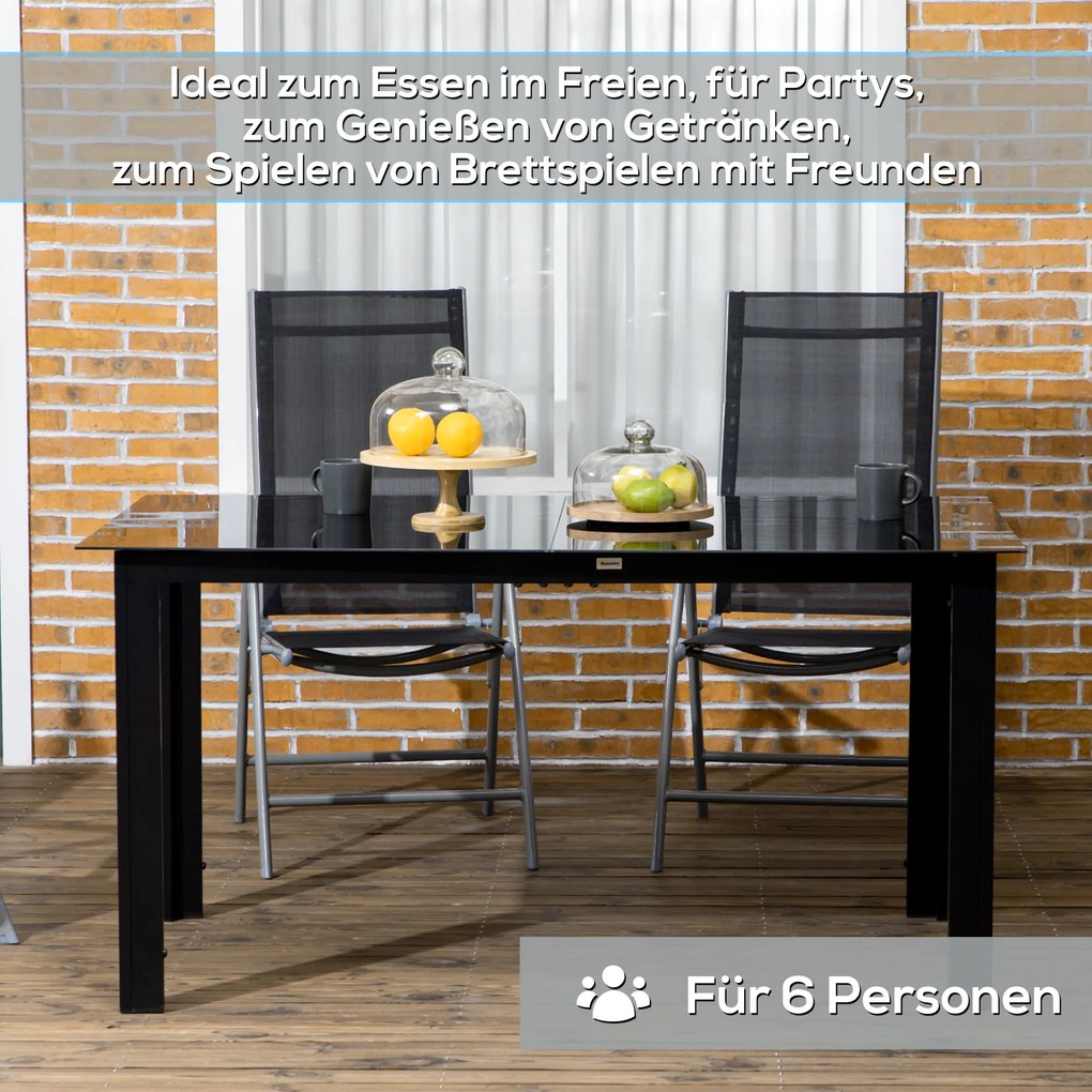 Zahradní stůl Outsunny pro 6 osob, jídelní stůl se skleněnou deskou, 150 x 90 x 74 cm, černý stůl na zahradu a balkon | Aosom.de