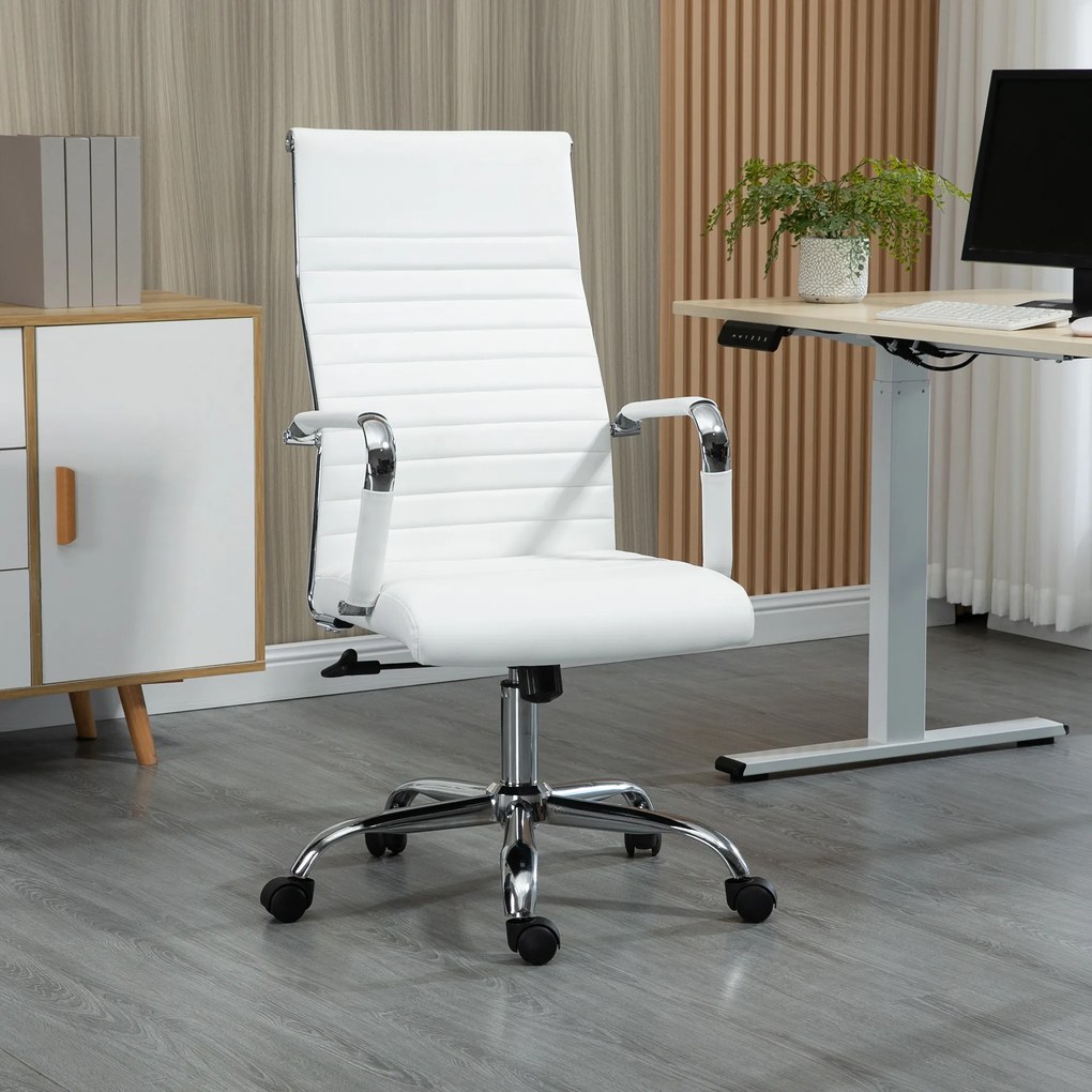 Kancelářská židle Vinsetto s houpací funkcí ergonomická kolečka otočná o 360° ocelové nohy imitace kůže nosnost 120 kg 54 x 62 x 104-114 cm Bílá | Ao…