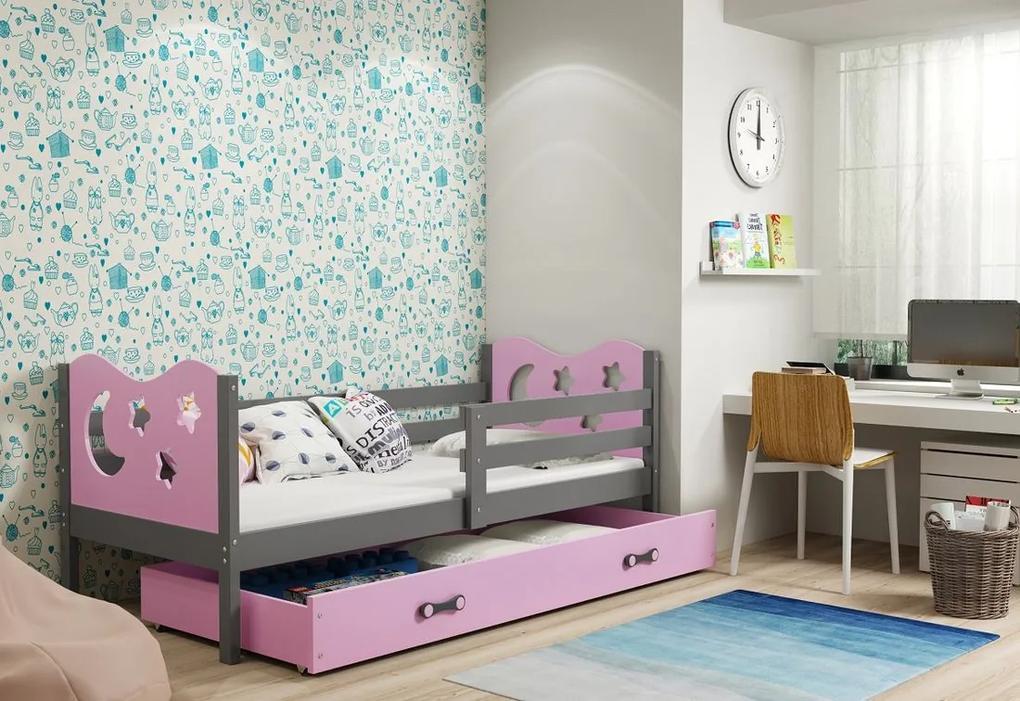 Dětská postel KAMIL + ÚP + matrace + rošt ZDARMA, 90x200, grafit, růžová