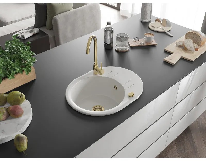 Mexen Kevin, dřez granitový 586x458x190 mm, 1-komorový a zlatá baterie Telma, bílá, 6517-20-670200-50