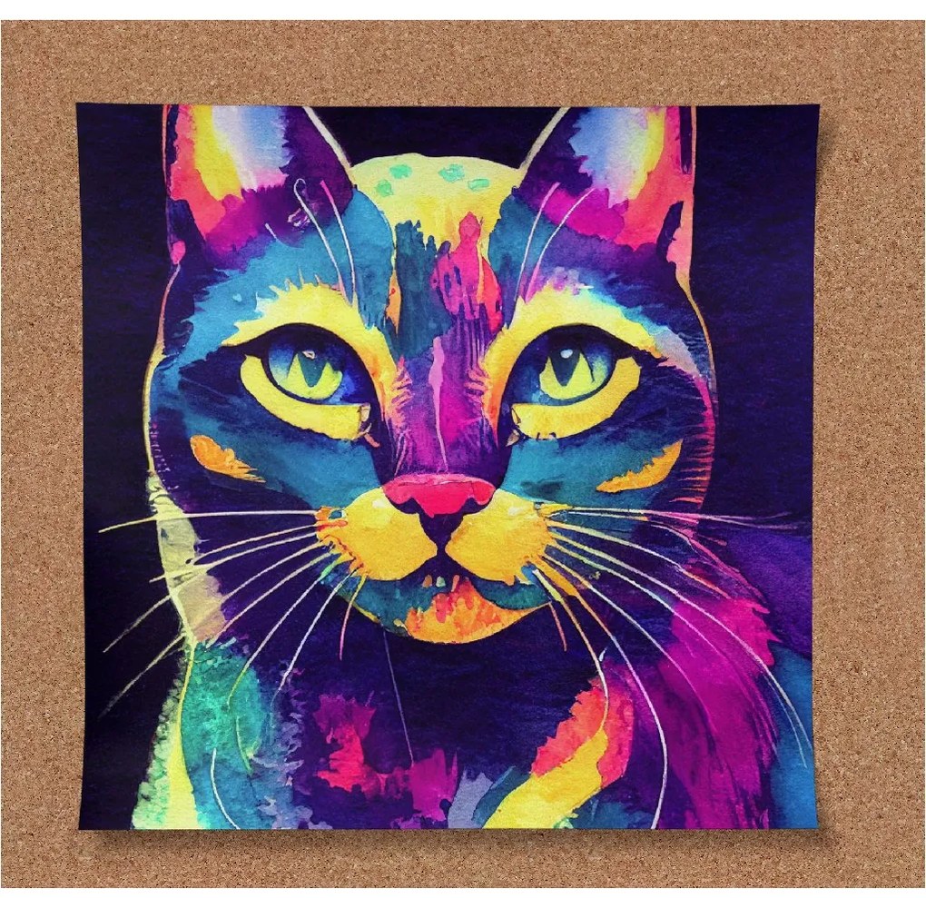 Plakát - Pestrobarevná kočka (Watercolor neon cat) FeelHappy.cz Velikost plakátu: 80 x 80 cm