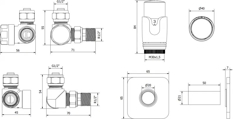 Mexen G00, axiální ventil G1/2" s hranatými krytkami a termostatickou hlavicí M30x1,5 mm, černá matná, W903-900-909-70
