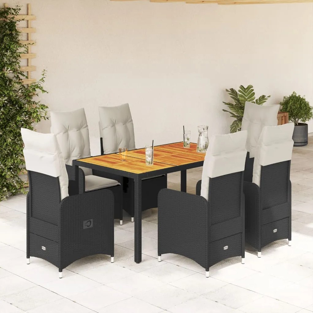 7dílný zahradní bistro set s poduškami černý polyratan 3276980