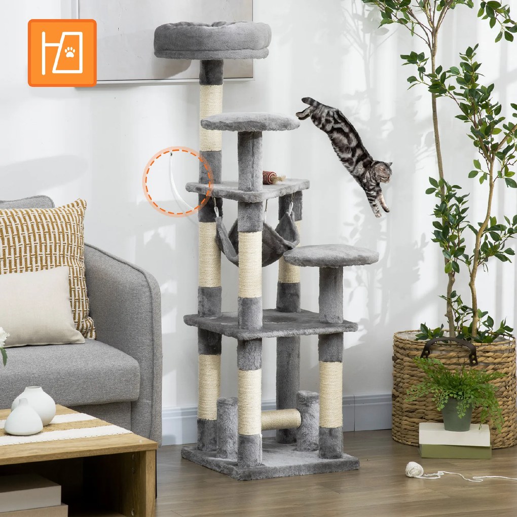 PawHut Kočičí strom Škrabací sloupek Kočičí hrací věž Kočičí šplhací strom Škrabací sloupek Houpací síť Šedá L40 x Š40 x V132 cm