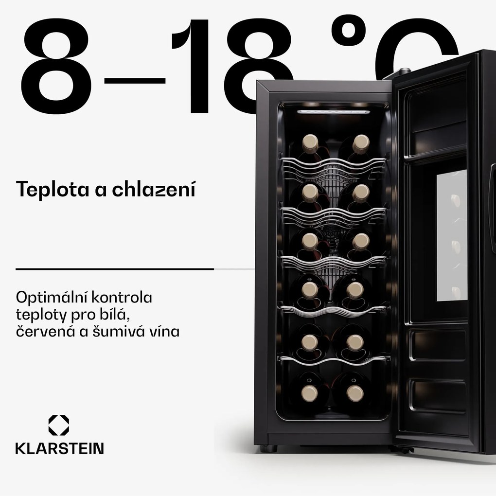 Klarstein Silent Vino 12 Uno Slim, vinotéka, 30 l/12 lahví, 8-18 °C, dotykový displej