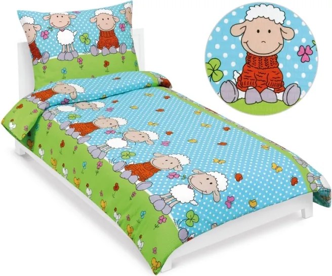 Bellatex Povlečení krepové 140x200, 70x90 cm Ovečka Modrá, Zelená, Bílá