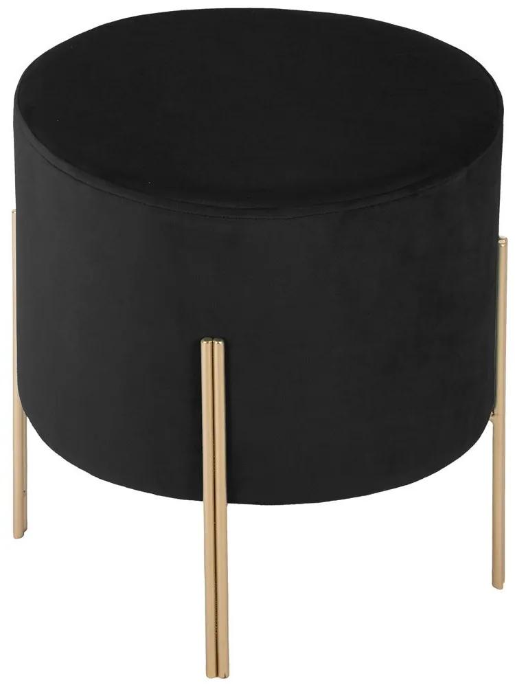 Kulatá stolička čalouněná černým sametem na jemných nohách ve zlaté barvě