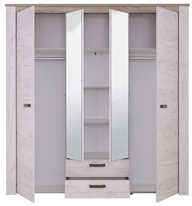 Čtyřdveřová šatní skříň se zrcadlem Henry - dub bílý/dub šedý