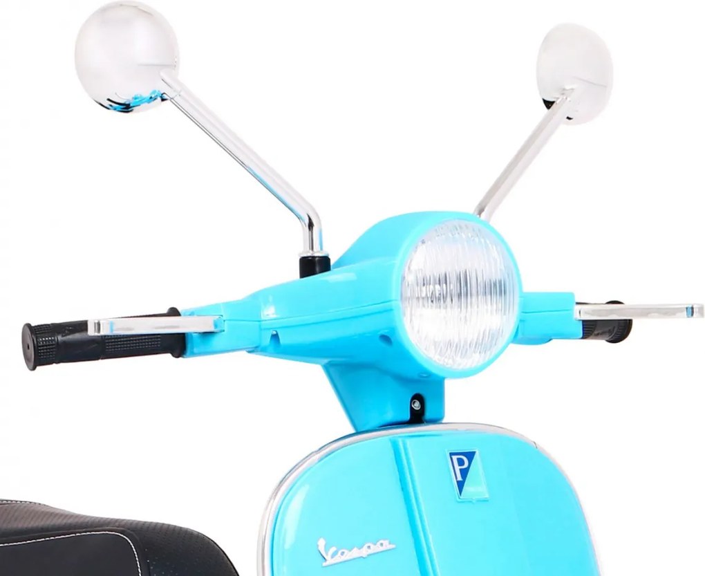 Ramiz Elektrický skútr Vespa pro děti modrý + pomocná kolečka + audio + ekokůže + EVA + plynulý start