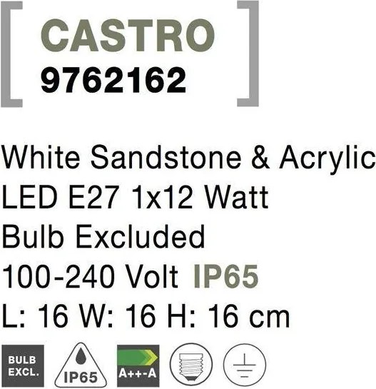 NV 9762162 Venkovní nástěnné svítidlo CASTRO bílý pískovec a akryl E27 1x12W bez žárovky 100-240V IP65 - NOVA LUCE