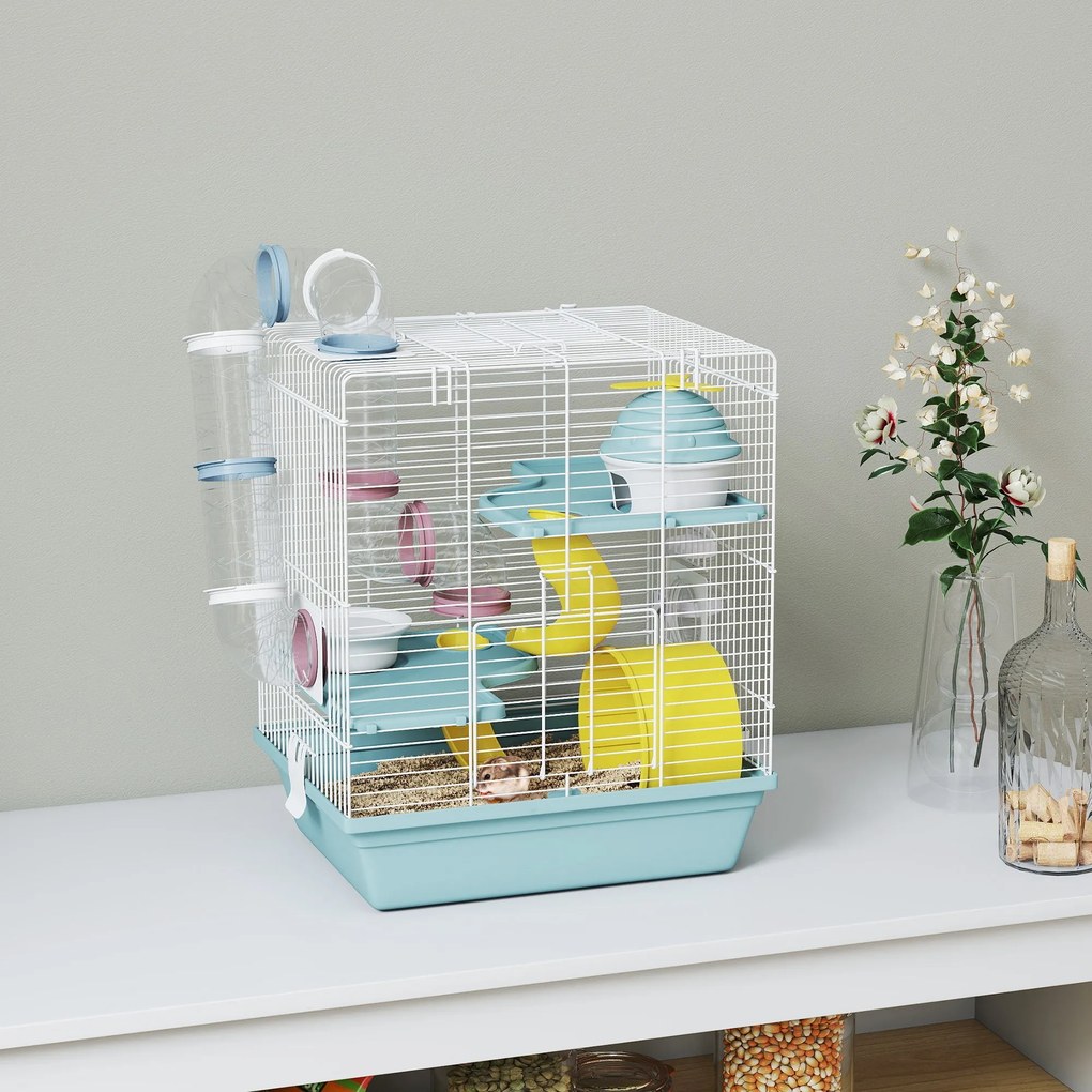 PawHut 3patrová klec pro křečky s kolem, tunely, úkrytem a miskou — pro zakrslé křečky a pískomily, 34,5 × 27,5 × 41 cm, modrá