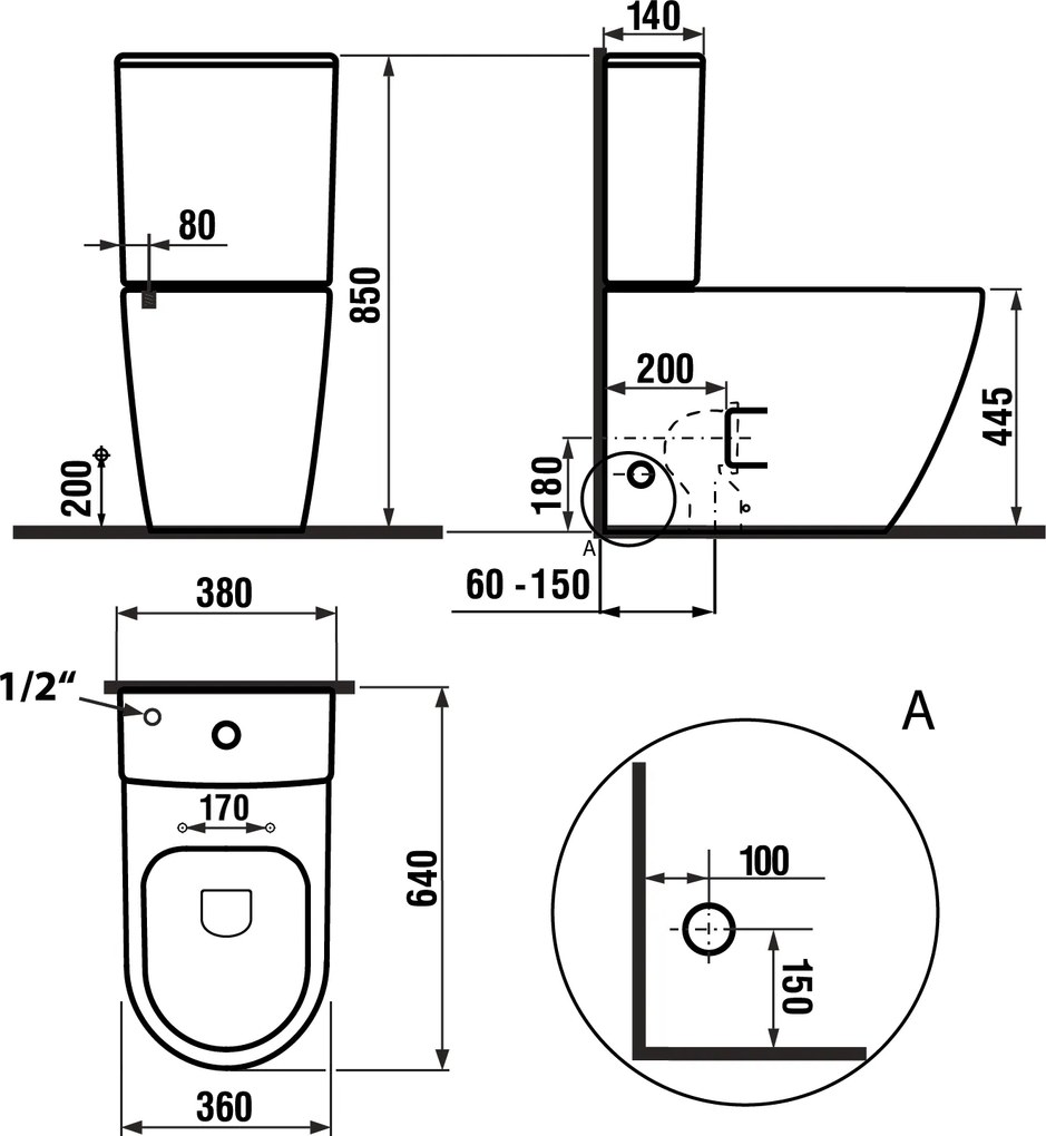 Sapho Turku WC kombi 36 x 85 x 64 cm spodní/zadní odpad Vortex Rimless keramika bílá PC104V