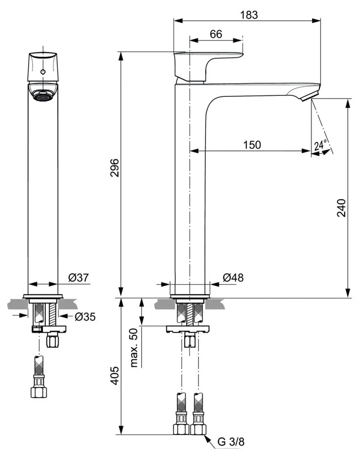 ideal Standard Connect Air - umyvadlová baterie stojánková vysoká SLIM, 240mm, bez odt. garnitury (5l / min) A7027AA