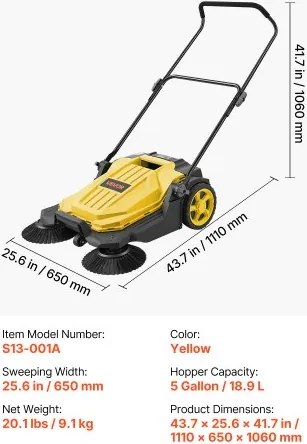Ruční zametací stroj s ručním tlačením, Se záběrem 650 mm VEVOR – Žlutá