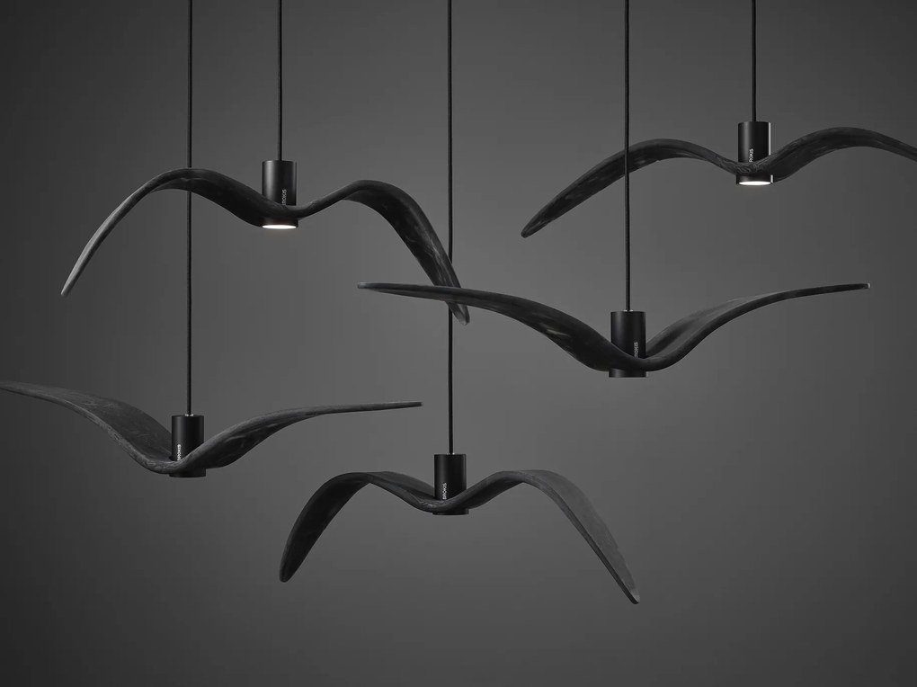 Designové závěsné svítidlo Brokis Night Birds PC962 Povrch Montury: Černý elox, Barva skla: opal - masiv, Povrch baldachýnu: kov - černý matný komaxit