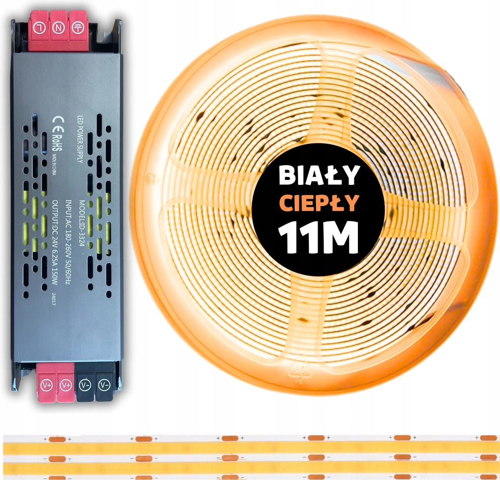 Set 11M Led pásek Cob 480 diod 3000K bílý teplý 24V 10W s napájecím zdrojem