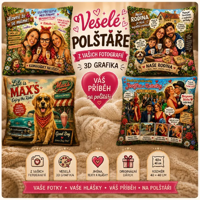 Veselý personalizovaný polštář z fotografie – 3D grafika 45 × 45 cm