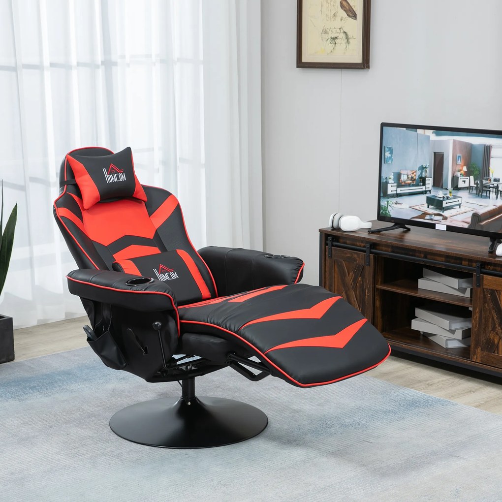 HOMCOM polohovací křeslo s masážní funkcí, ergonomické, lounge křeslo s vysokým opěradlem, polštářem, držákem na nápoje, TV křeslo, imitace kůže