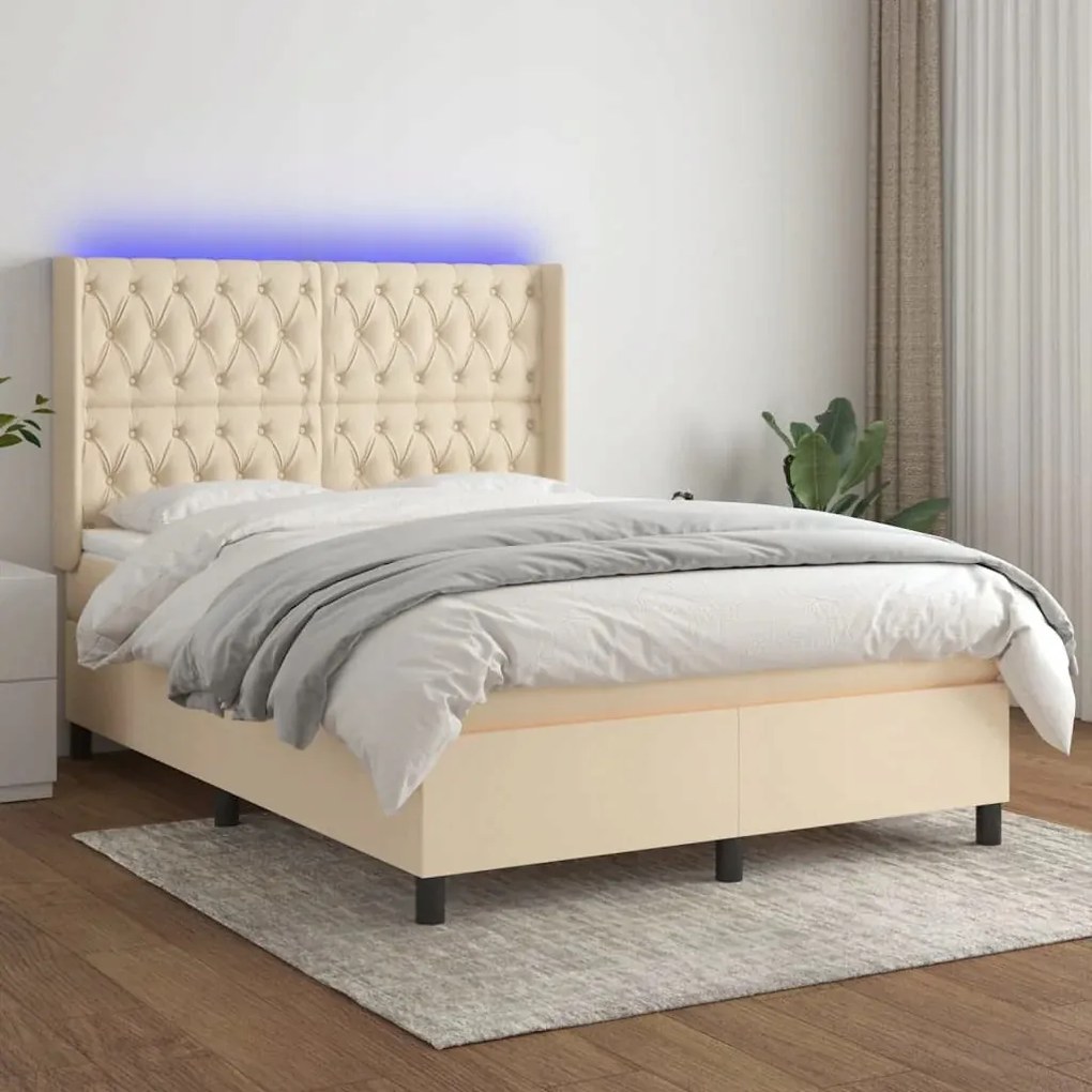 Box Spring Postel S Matrací A Led Textil Krémová Prošívaný design 140 x 2
