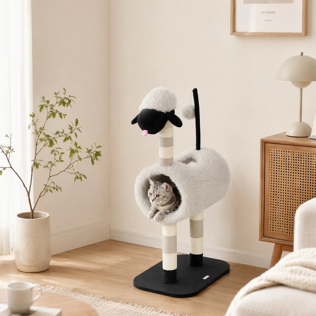 PawHut Kočičí strom v designu ovce, se škrábacím sloupkem, tunelem a hračkou, 98 cm, světle šedá