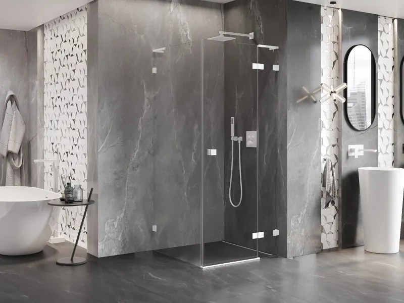Mexen Lunar, L pravý výklopný sprchový kout 90 x 90 cm, 8mm čiré sklo, bílý profil, 834L-090-090-20-00-P