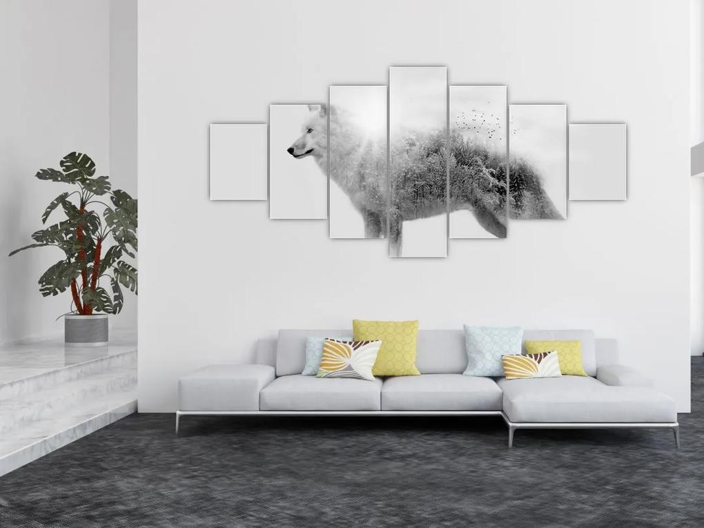 Obraz - Arktický vlk zrcadlící divokou krajinu, černobílý (210x100 cm)