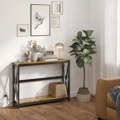 HOMCOM Úzký industriální konzolový stůl se 2 úrovněmi a zásuvkami a USB, 100 x 24 x 75 cm, hnědá