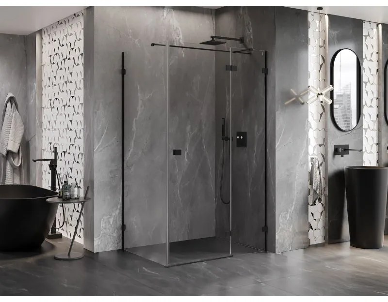 Mexen Lunar T pravý výklopný sprchový kout 140 x 120 cm, čiré sklo, černá matná, 834T-140-120-70-00-P