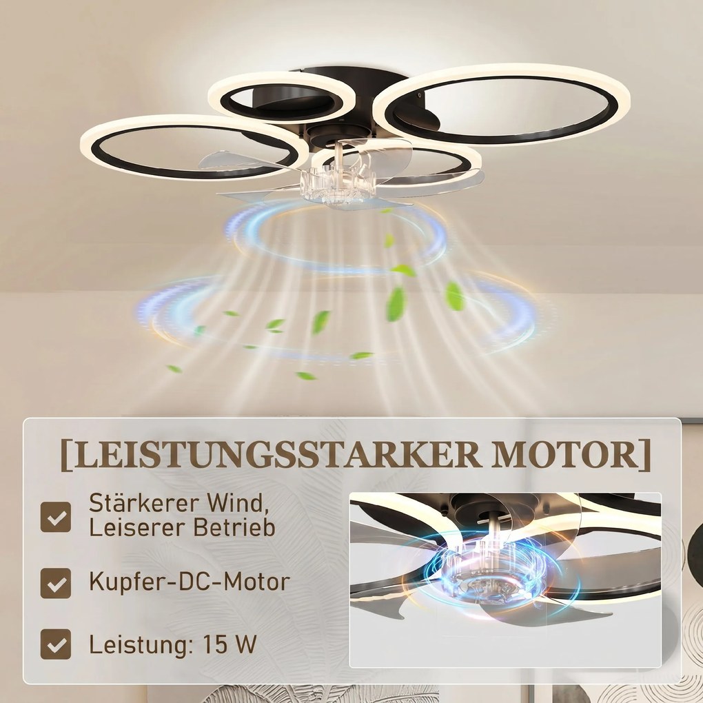 HOMCOM LED stropní ventilátor se světlem, tichý 30" (77 cm) s dálkovým ovládáním — 6 rychlostí, 3 teploty světla, DC motor, časovač — černý