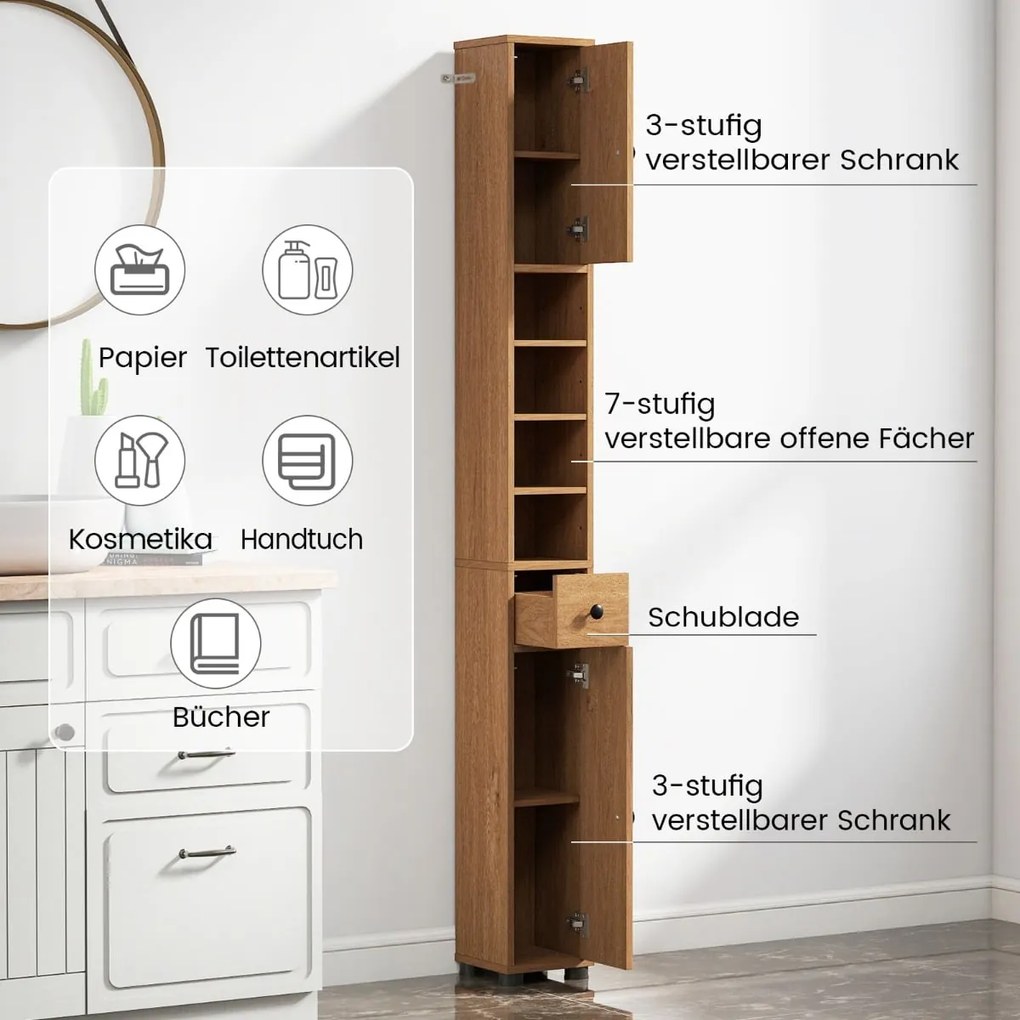 Costway Úzká koupelnová skříňka s 2 dvířky a 1 zásuvkou