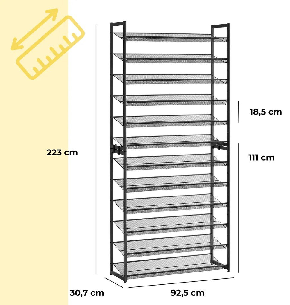 Stohovatelný regál na boty IDA, 12 polic, 92,5x31x223cm, černá Jurhan