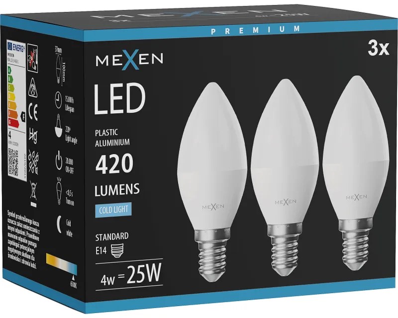 Mexen Nova 3x LED žárovka E14, C37, 4W, Studená - 6500K, 420 lm - L102-E14-0465-01x03