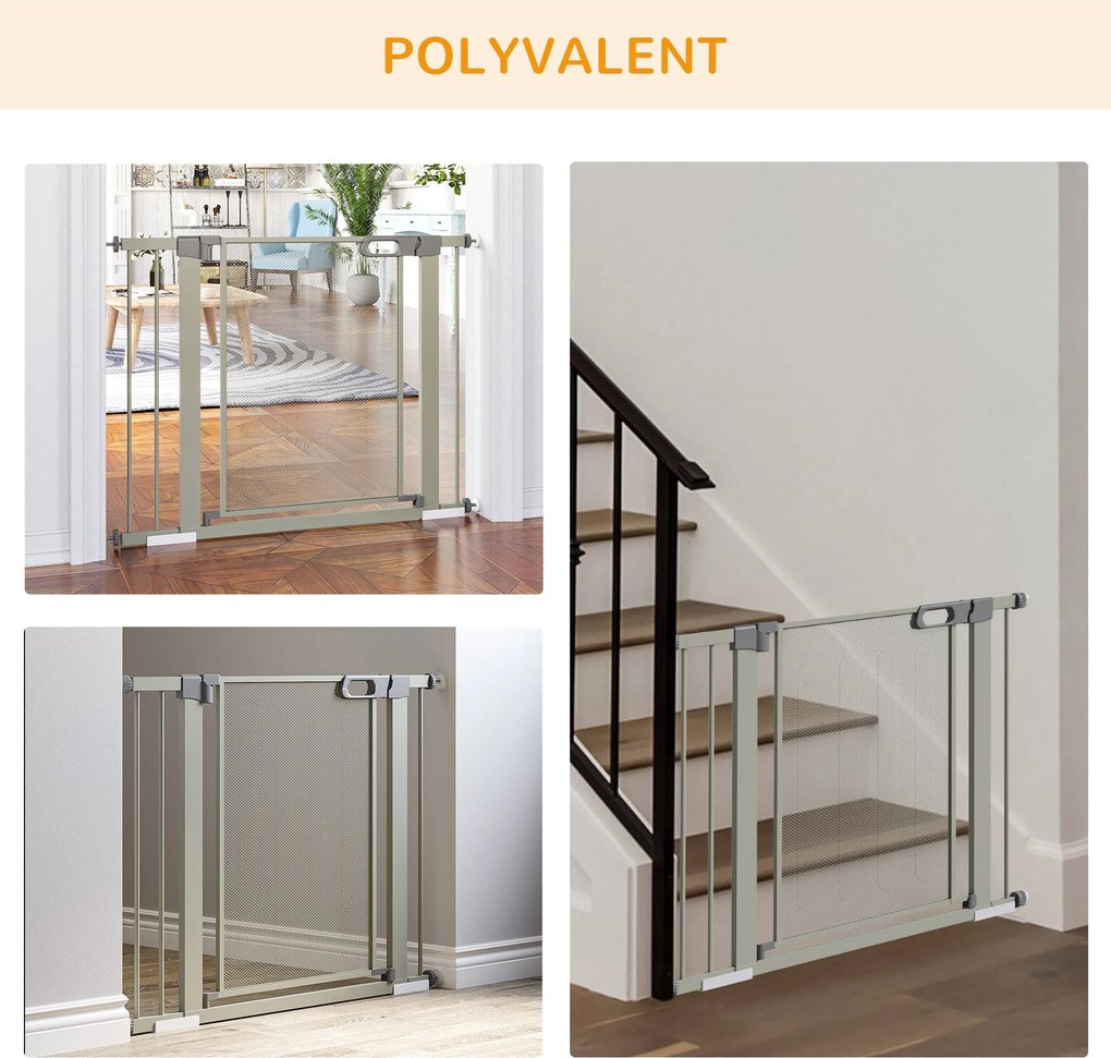 PawHut Bezpečnostní brána pro zvířata s dvojitým zámkem, automatické zavírání, šířka 75-103 cm, šedá