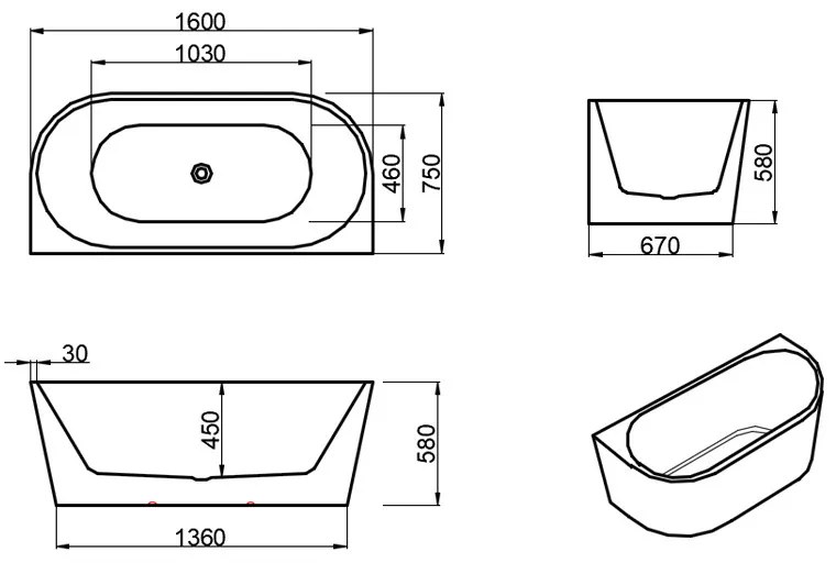 BPS-koupelny Volně stojící akrylátová vana ke stěně HYD-LE527C 160x75 bílá, odtokový komplet zlatý kartáčovaný