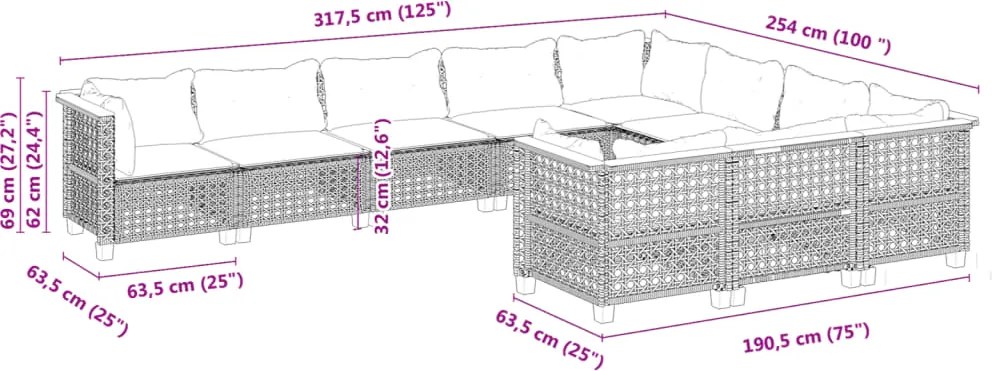10dílná zahradní sedací souprava s poduškami šedá polyratan 3262035