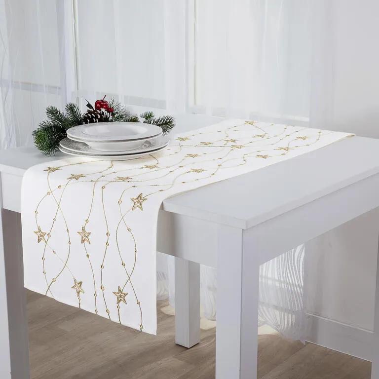 Vánoční ubrus běhoun bílý s výšivkou Zlaté hvězdy 40 x160 cm | BIANO