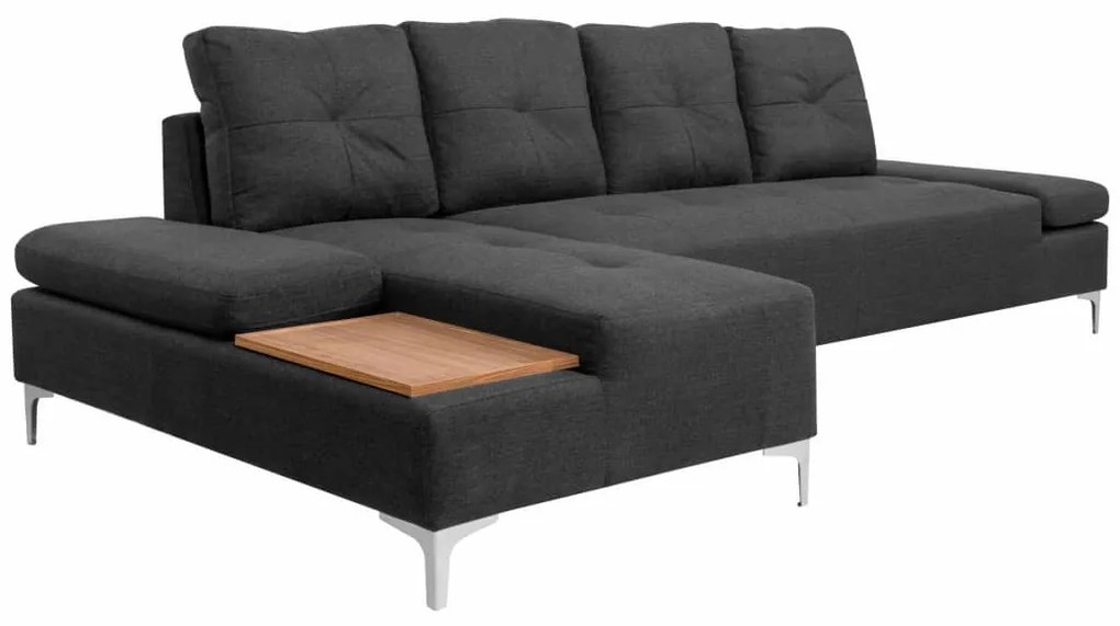 244715 vidaXL Rohová sedačka s dřevěným tácem, textil, tmavošedá, XXL, 300 cm