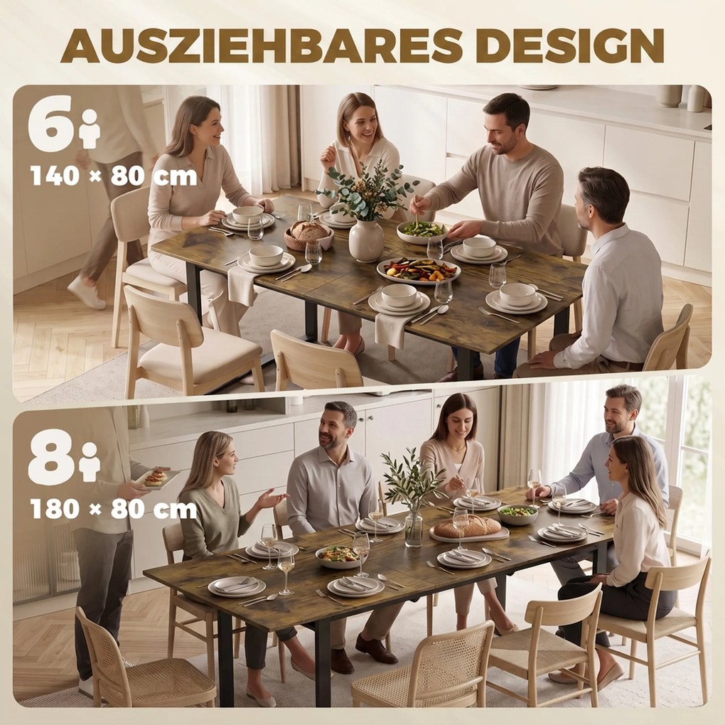 HOMCOM Rozkládací jídelní stůl 140-180 cm pro 6-8 osob, obdélníkový v industriálním designu s ocelovým rámem, optika tygřího dřeva